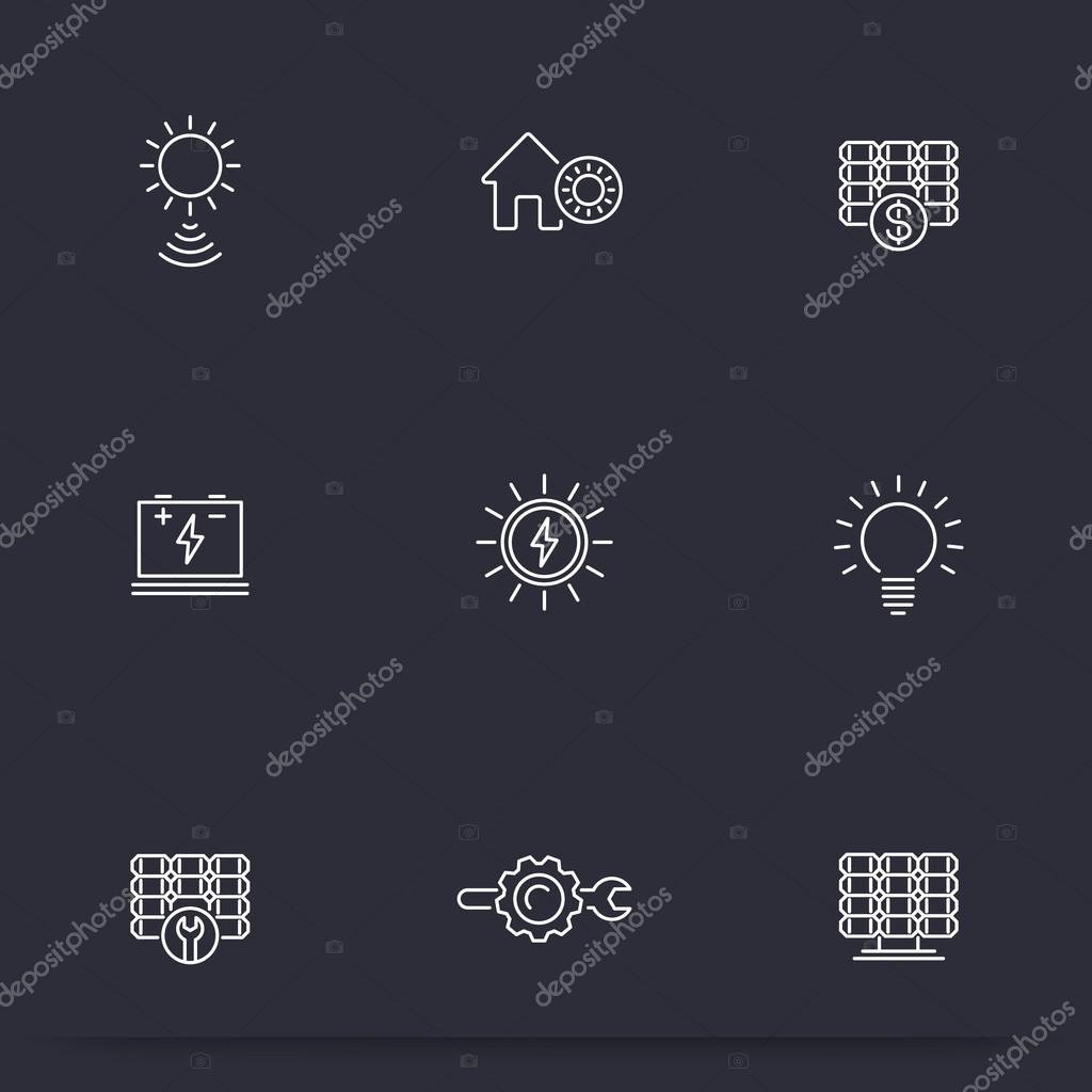Solar energy, solar power, panels, thin line icons, vector illustration ...