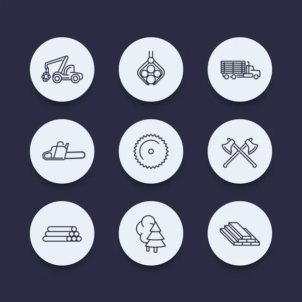 Logging, timber, forestry, tree harvester, logging truck line icons ...