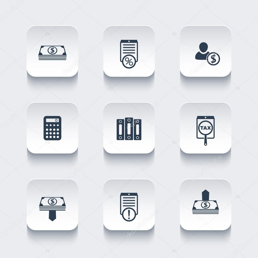 Bookkeeping, finance, payroll, rounded square icons set, vector ...