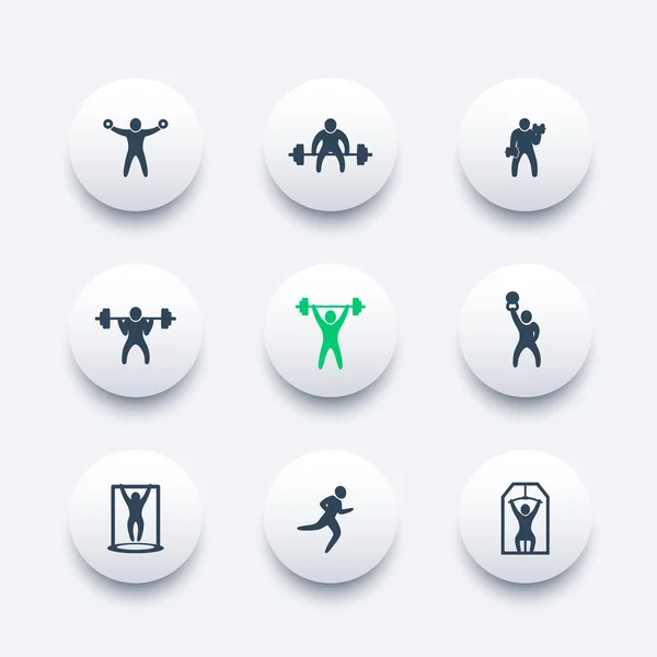 Gym, fitness exercises round icons, gym training icon, fitness ...
