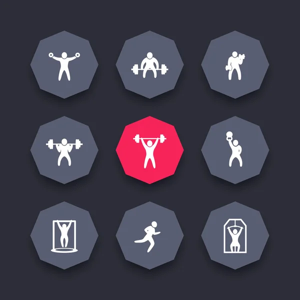 Gym, fitness exercises round icons, gym training icon, fitness exercises pictograms, vector ...