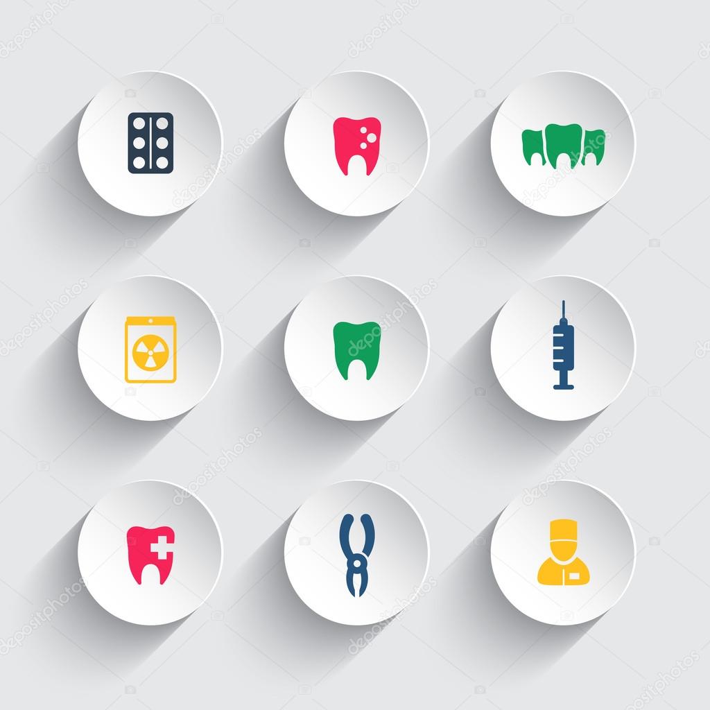 Teeth color icons on round 3d shapes, dental care, tooth cavity ...