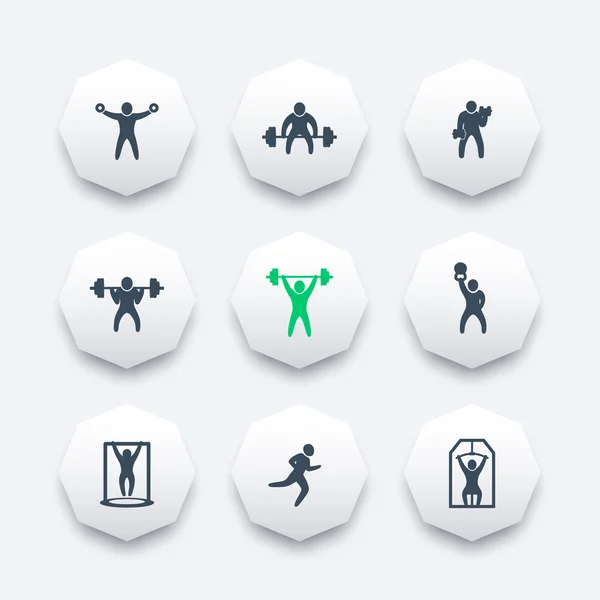 Gym, fitness exercises round icons, gym training icon, fitness exercises pictograms, vector ...