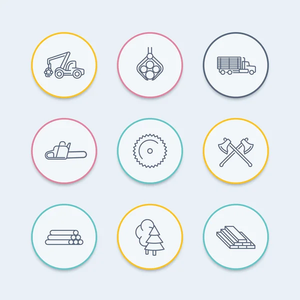Logging, timber, forestry, tree harvester, logging truck line icons ...