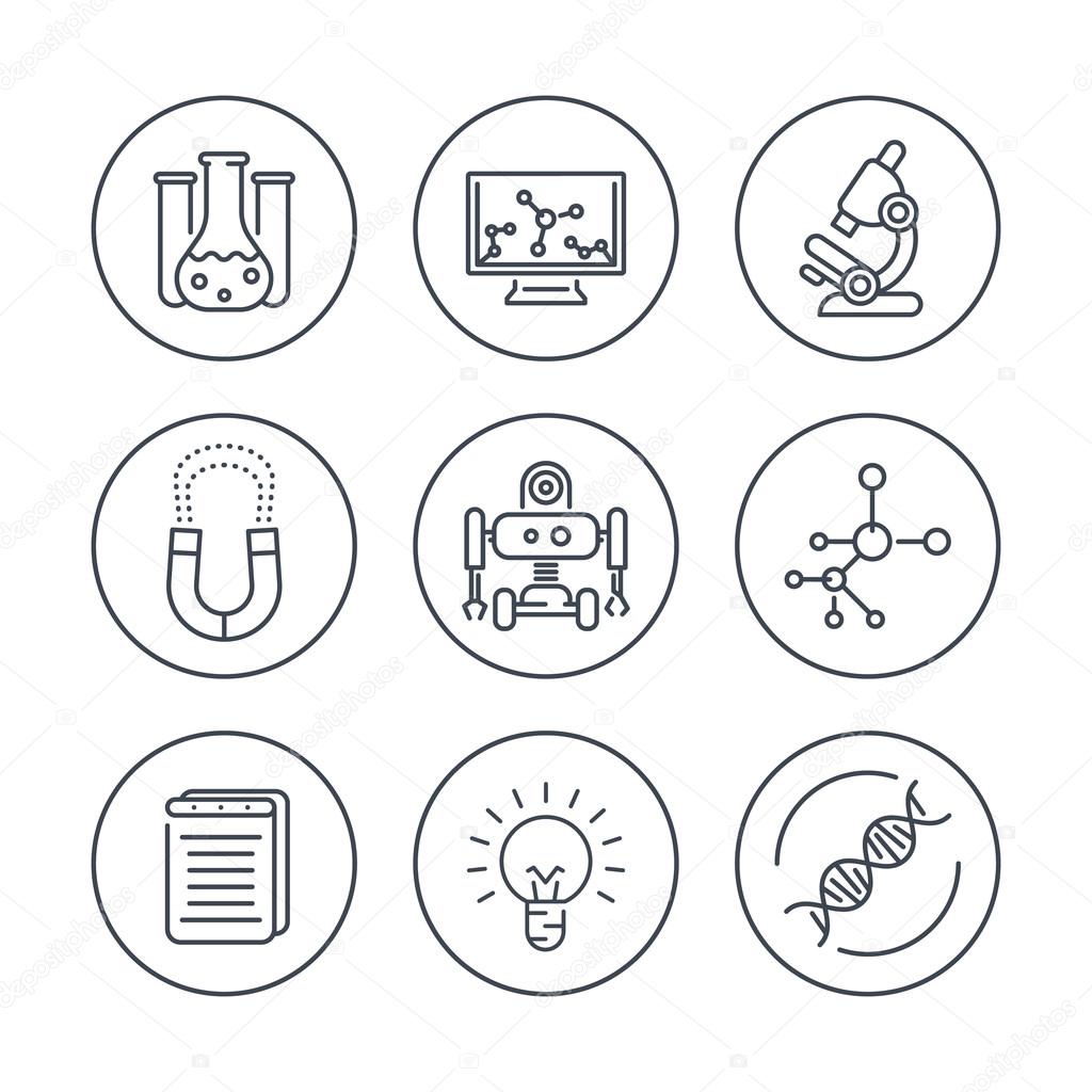 Science line icons in circles, research, laboratory, chemistry, physics ...