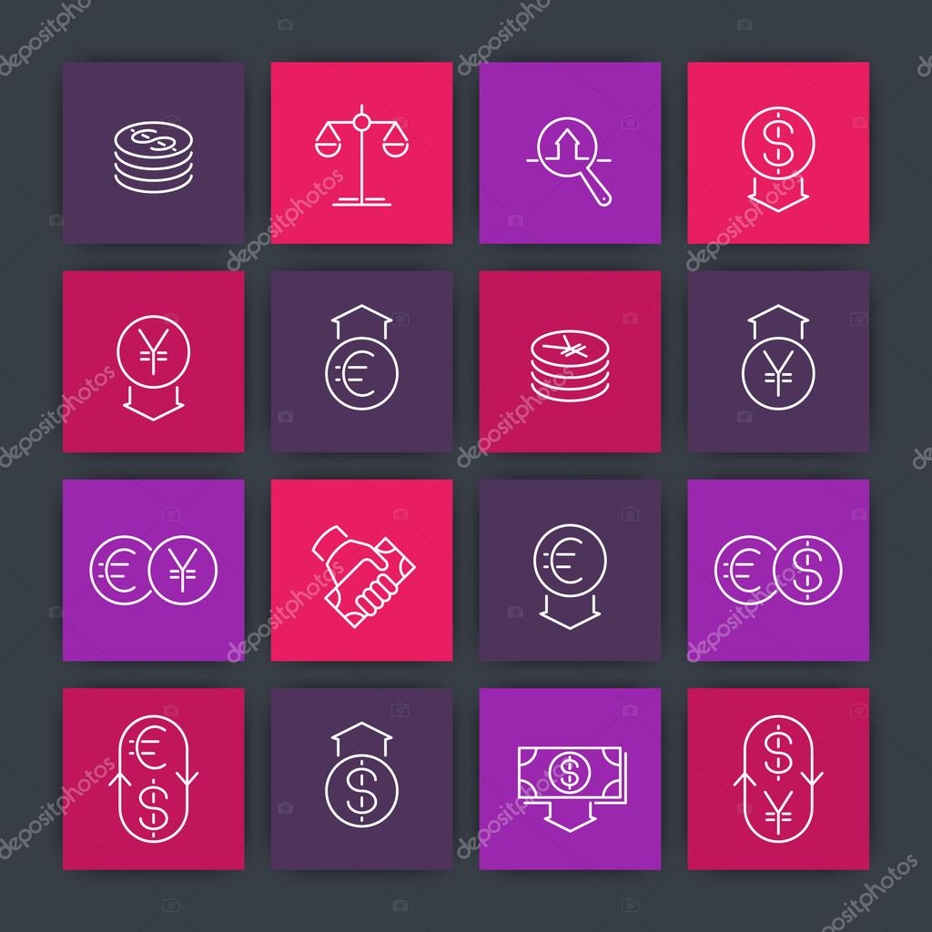 Currency line icons, forex trading, money, investment square icons set ...