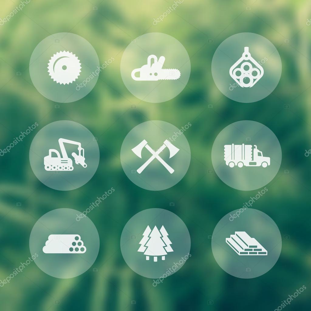 Logging, forestry equipment transparent icons, sawmill, logging truck ...