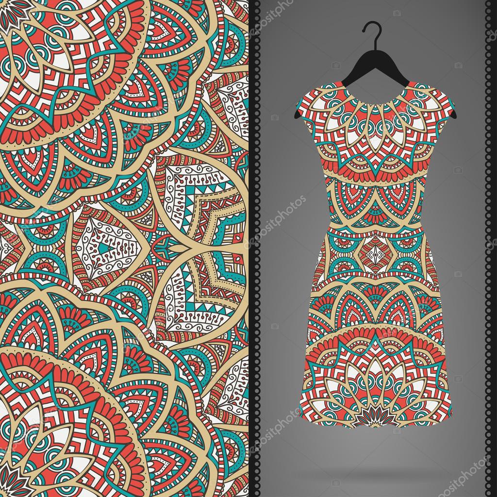 Card with dress and seamless pattern. Vintage decorative elements. Hand ...