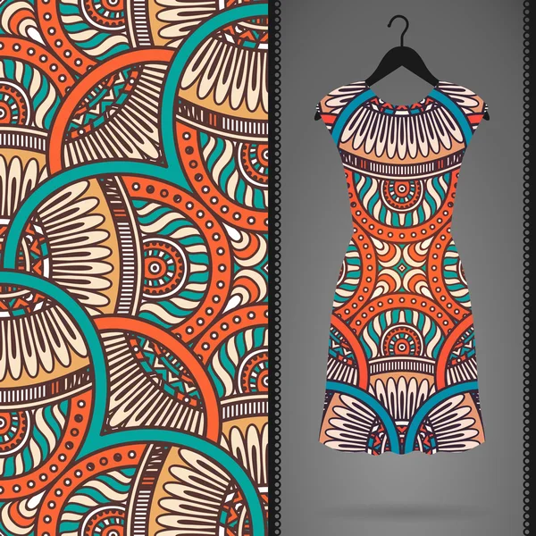 Card with dress and seamless pattern. Vintage decorative elements. Hand ...