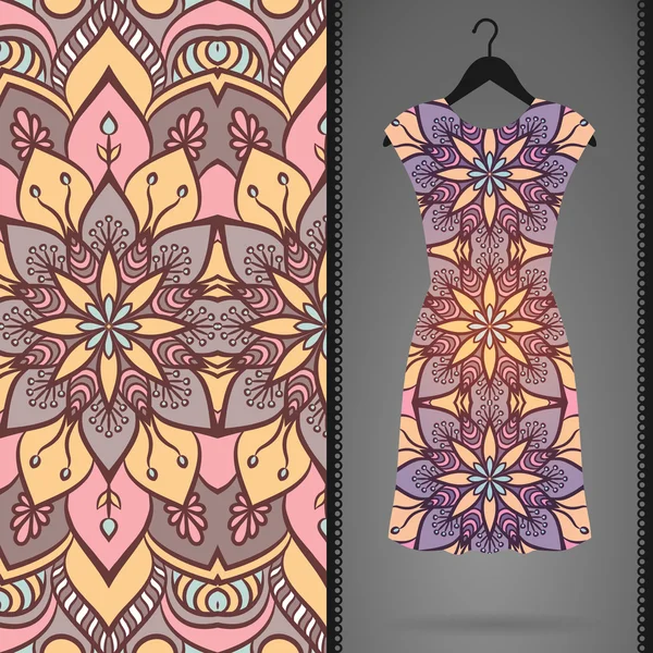 Card with dress and seamless pattern. Vintage decorative elements. Hand ...