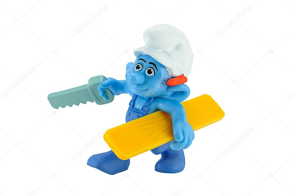 Smurfs Handy carpenter with saw and a bit of wood. Stock Illustration ...
