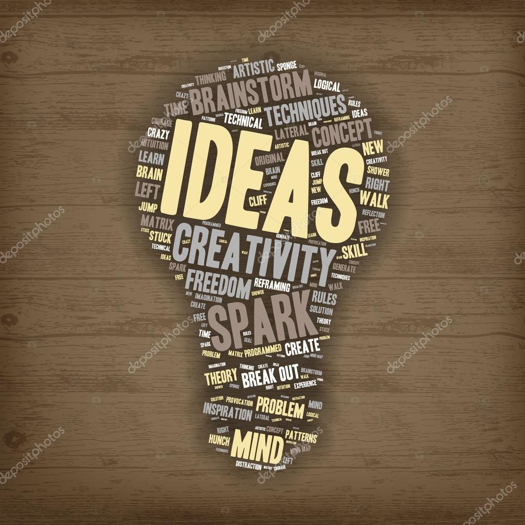 Word Cloud Creativity And Inspiration Light Bulb Shape On Wo Stock