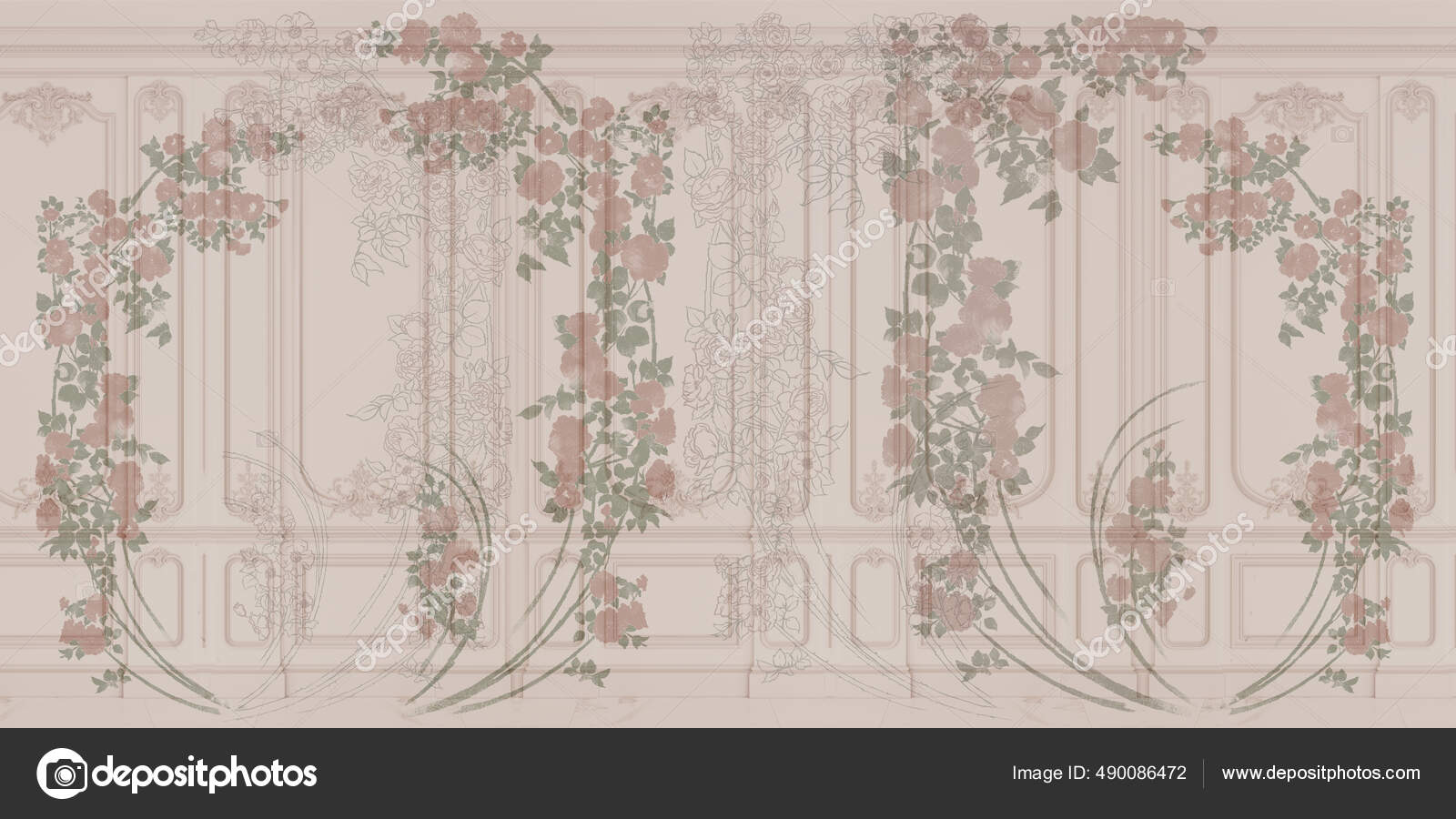 Rosas Pintadas Pared Estilo Barroco Rococó Una Parcela Con Flores ...