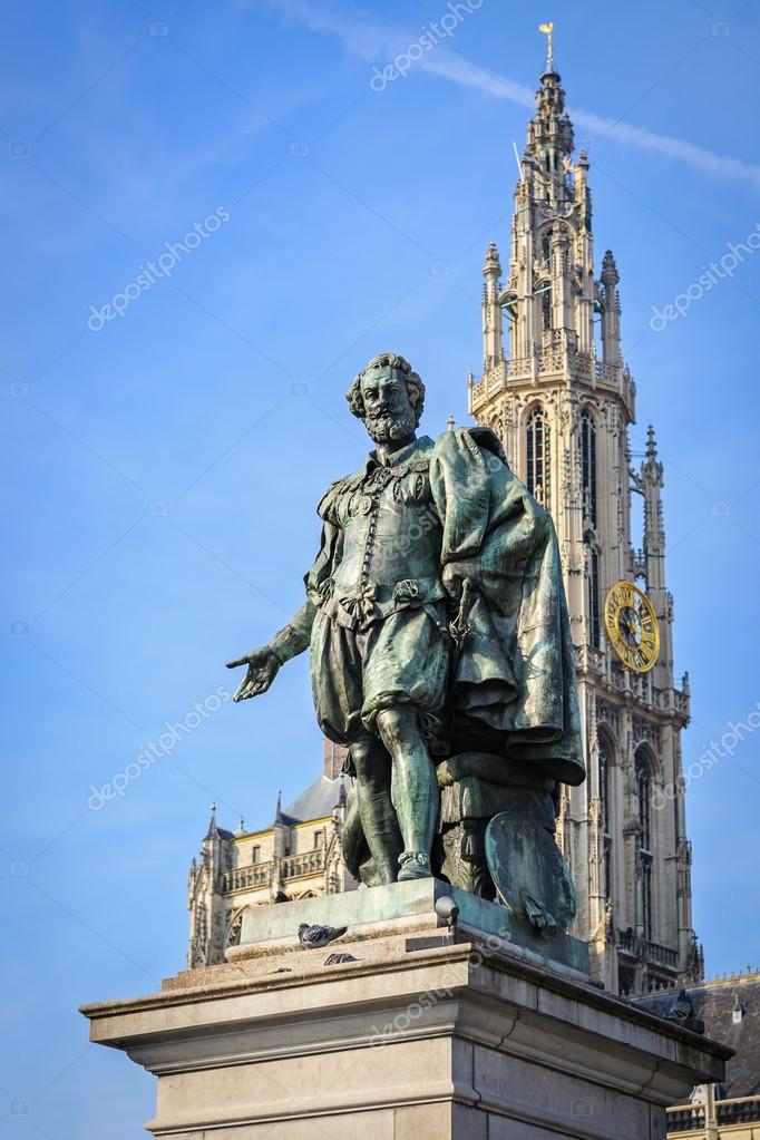 Statue of Rubens on the Groenplaats with the Cathedral of Our Lady on ...