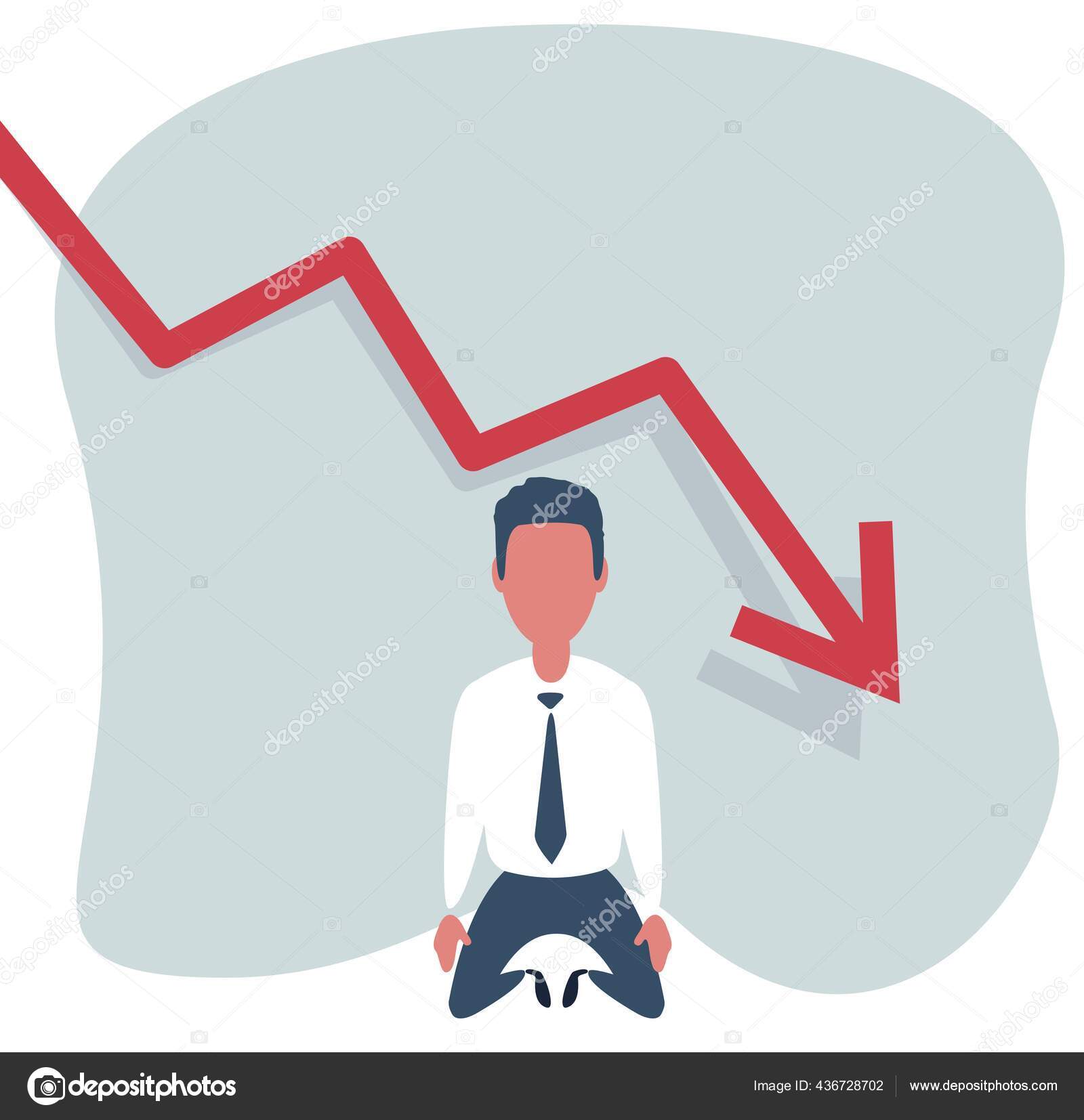 Triste y conmocionado empresario Vector. Perder dinero. Gráfico bajando ...