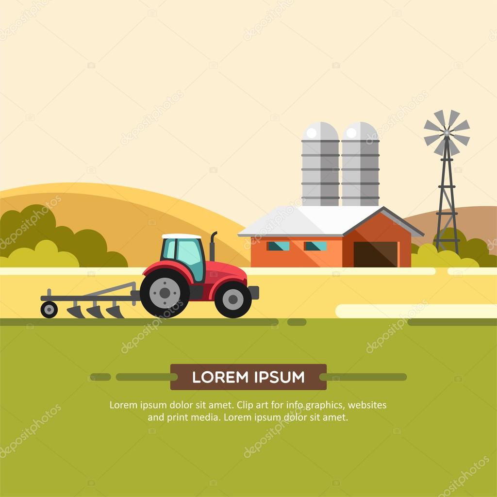 Farming and agriculture background with windmill, tractor and barn ...