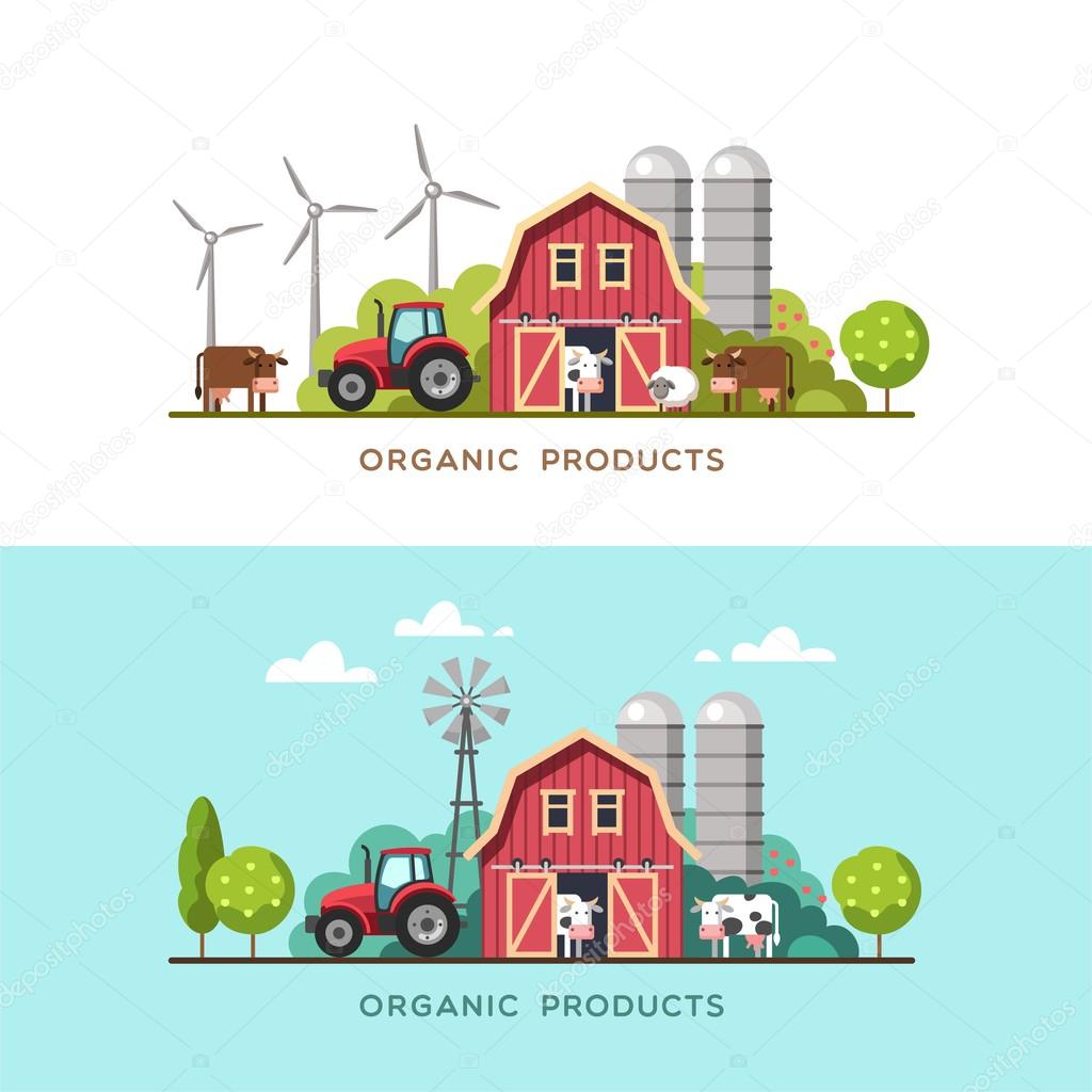 Farming background with barn, windmill, tractor, cows and sheep ...