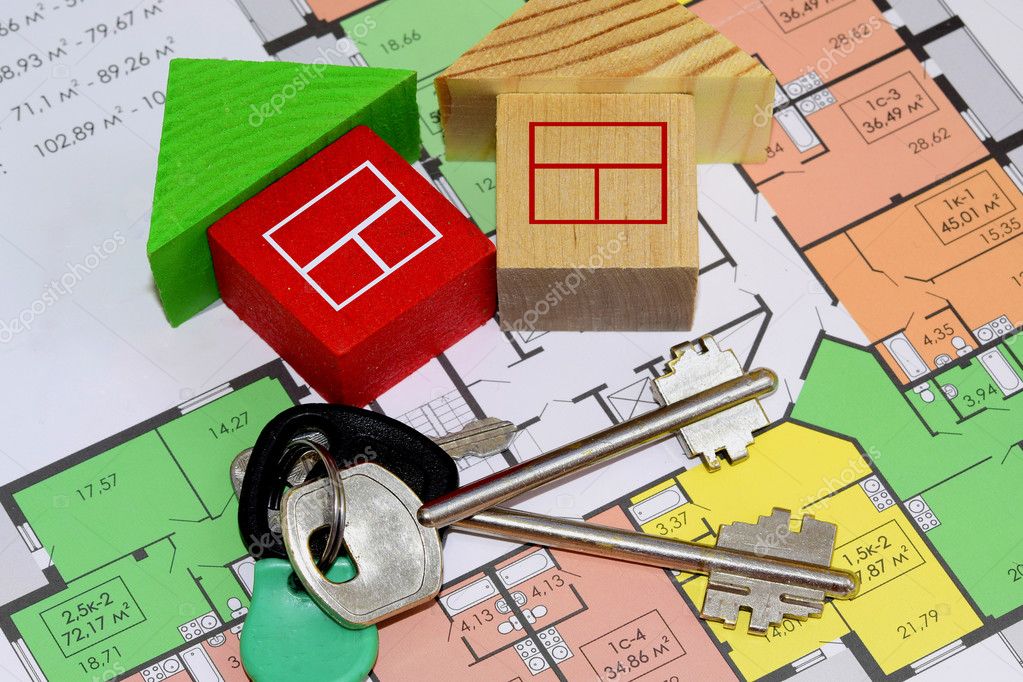The keys and the drawing of a new residential building — Stock Photo ...