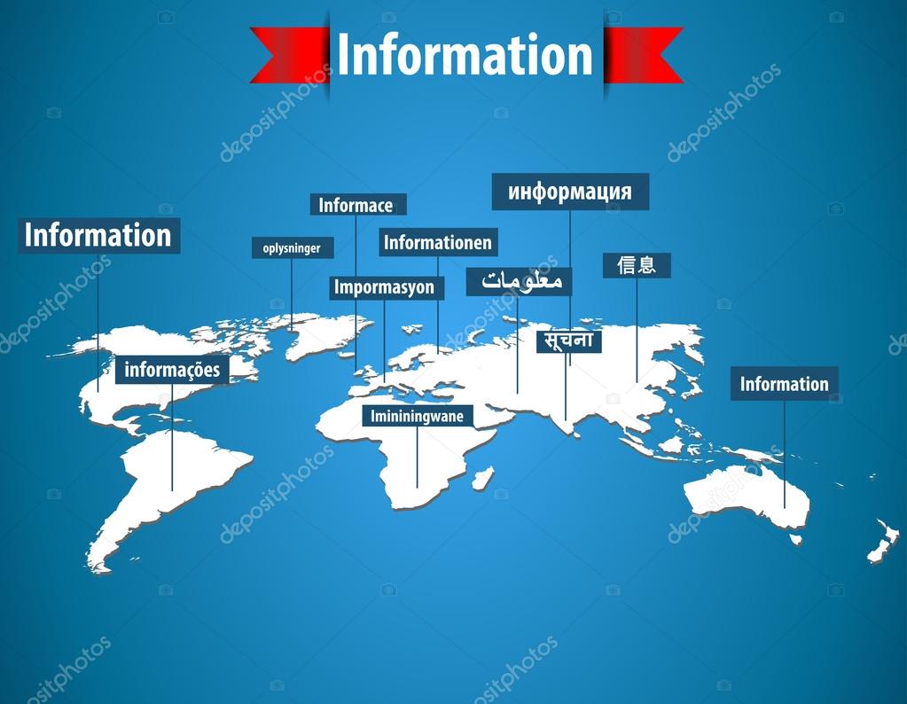 Information concept word in different languages with world map- vector ...