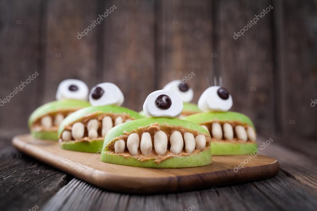 Scary halloween edible apple monsters healthy natural dessert. Horror ...
