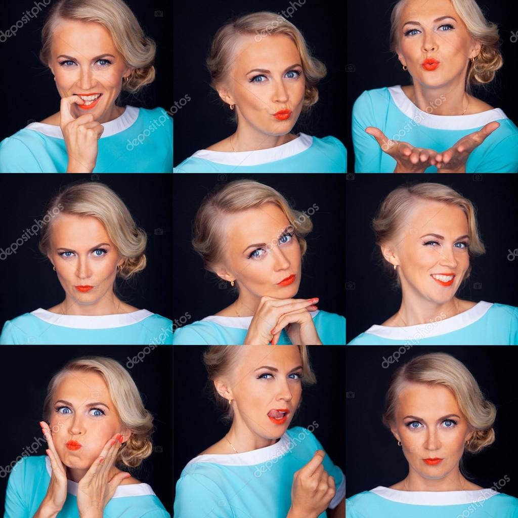 Photo booth. Multiple facial expressions of beautiful woman isolated ...