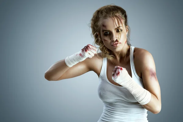 Aggressive Female Fighter Bruises Wearing Bloody Bandage Her Fists ...