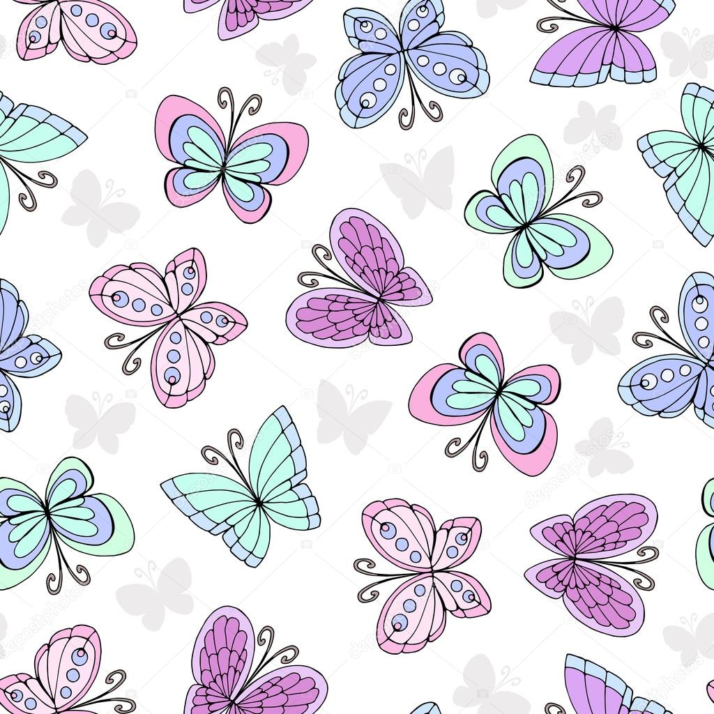 Vector seamless pattern with hand drawn colored butterflies Stock ...