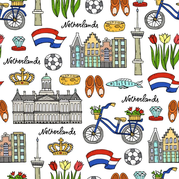 Vector seamless pattern with hand drawn symbols of Netherlands on white ...