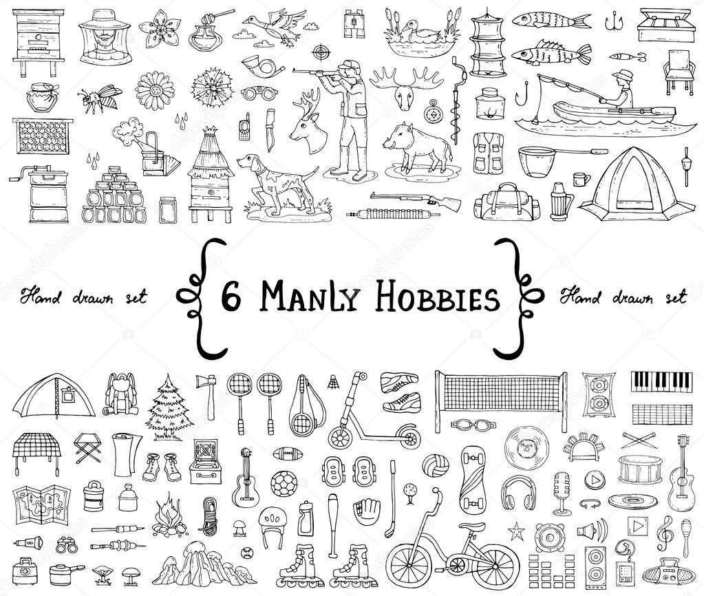 Vector set with hand drawn isolated doodles on the theme of 6 manly ...