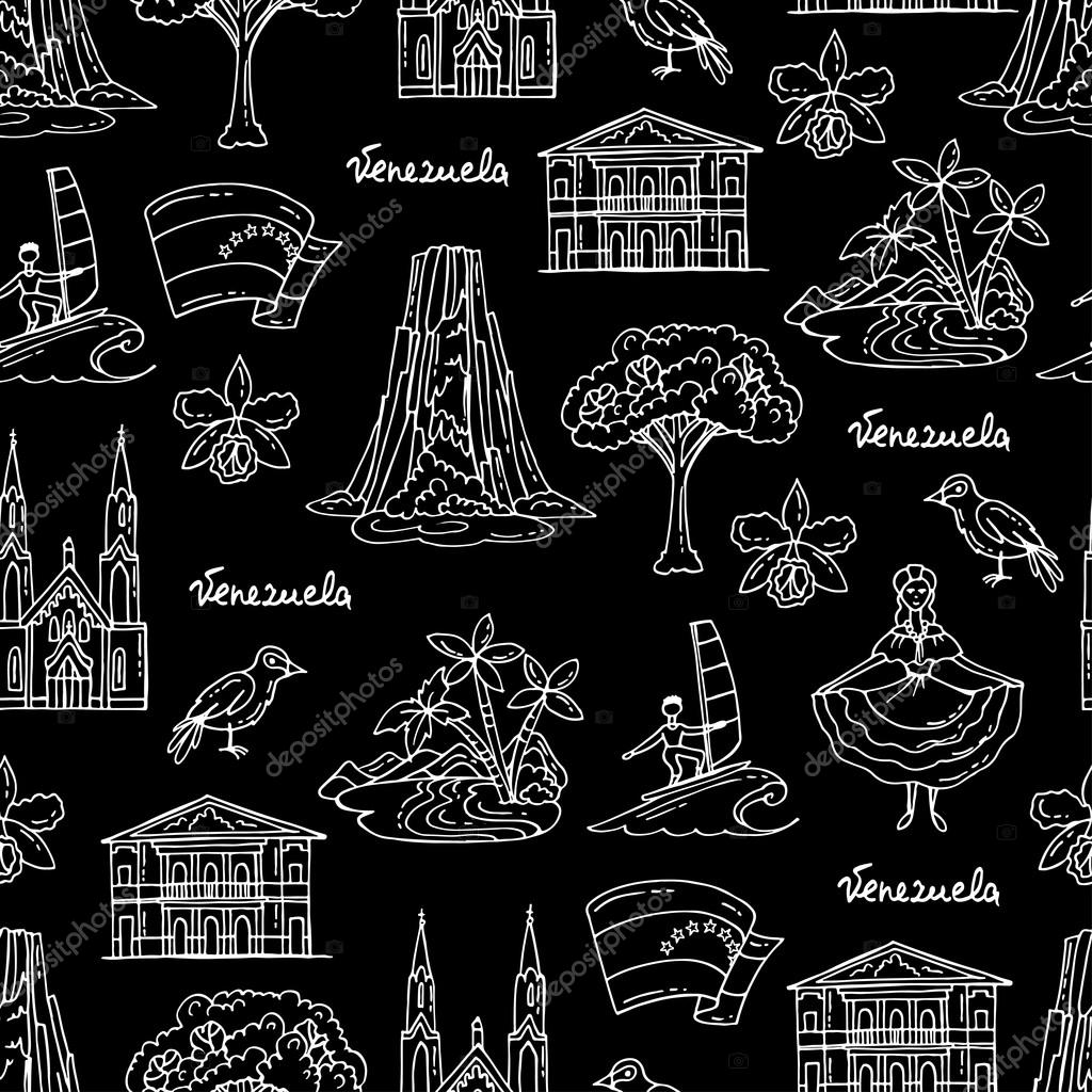 Vector seamless pattern with hand drawn isolated symbols of Venezuela ...