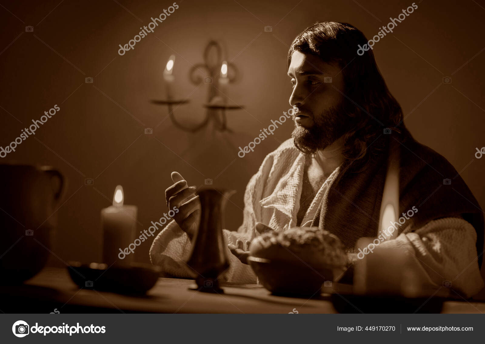 Escena Jesucristo Bendiciendo Pan Vino Durante Última Cena Con Sus ...