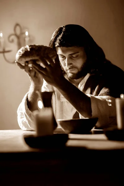 Scene Jesus Christ Blessing Bread Wine Last Supper His Apostles Stock ...