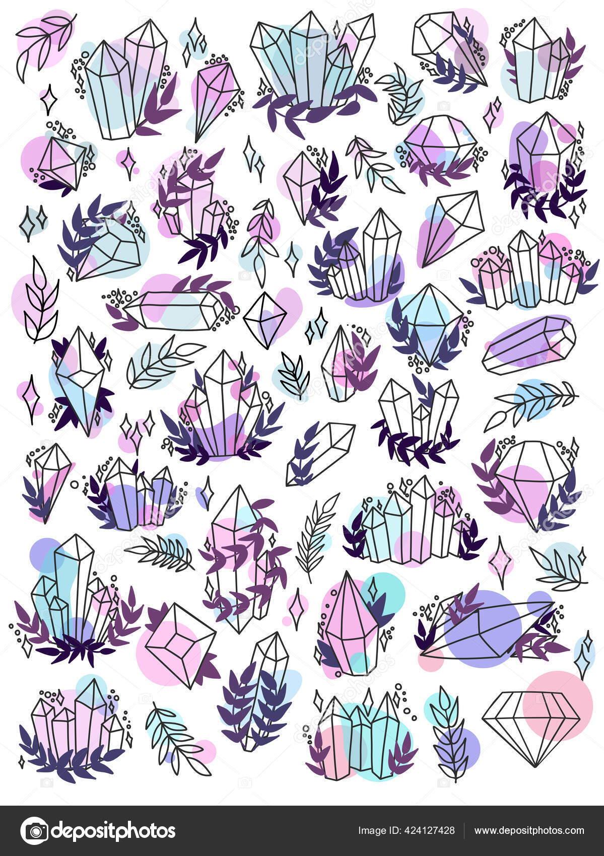 Set Colorful Isolated Elements Crystals Gems White Background Hand ...