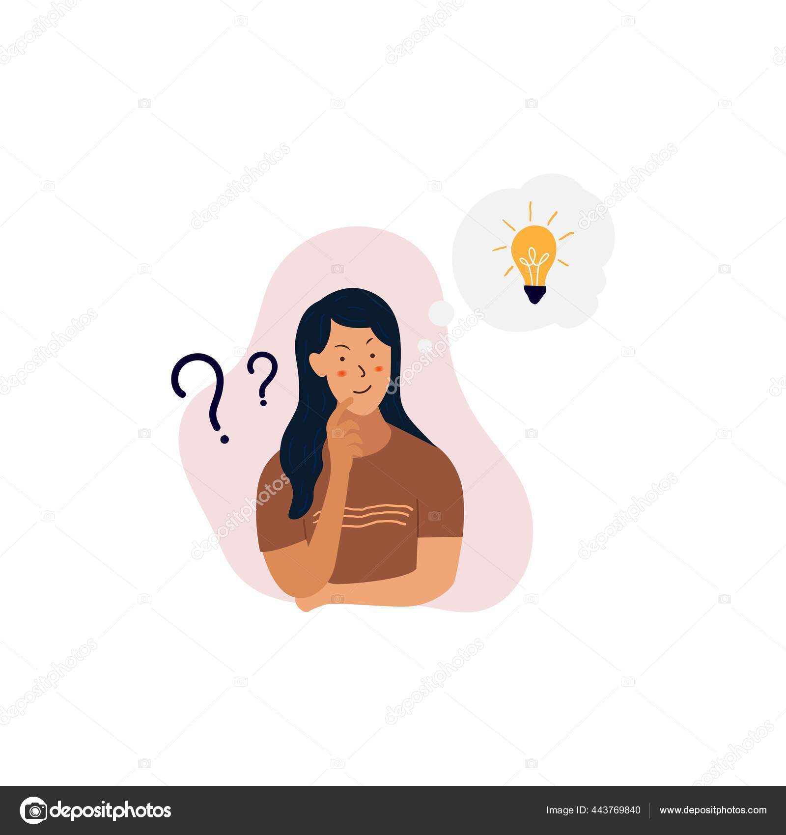 Problem Solving Concept Woman Thinking Vector Question Mark Light Bulb ...