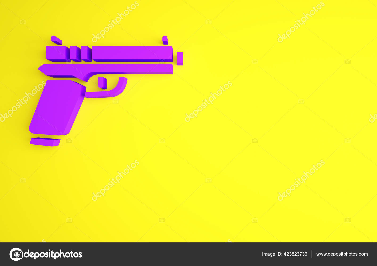Purple Pistol or gun icon isolated on yellow background. Police or ...