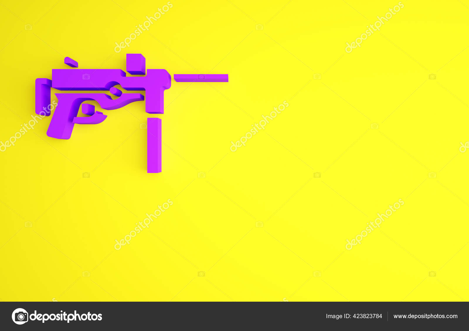 Purple Submachine gun M3, Grease gun icon isolated on yellow background ...