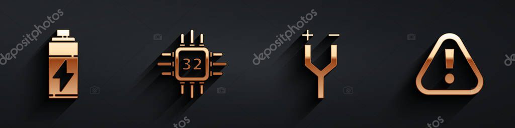 Conjunto de batería, procesador con microcircuitos CPU, cable eléctrico y signo de exclamación ...