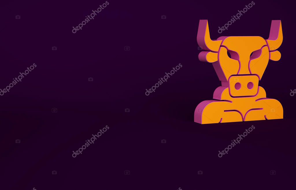 Icono de Minotauro naranja aislado sobre fondo púrpura. Criatura mítica griega poderosa el ...