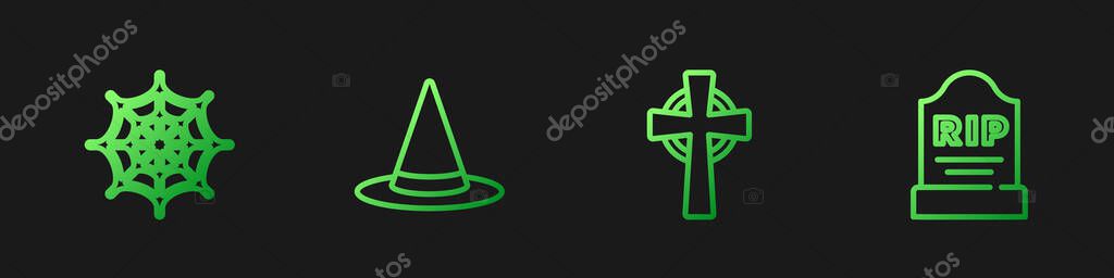 Establecer línea lápida con cruz, tela de araña, sombrero de bruja y ...