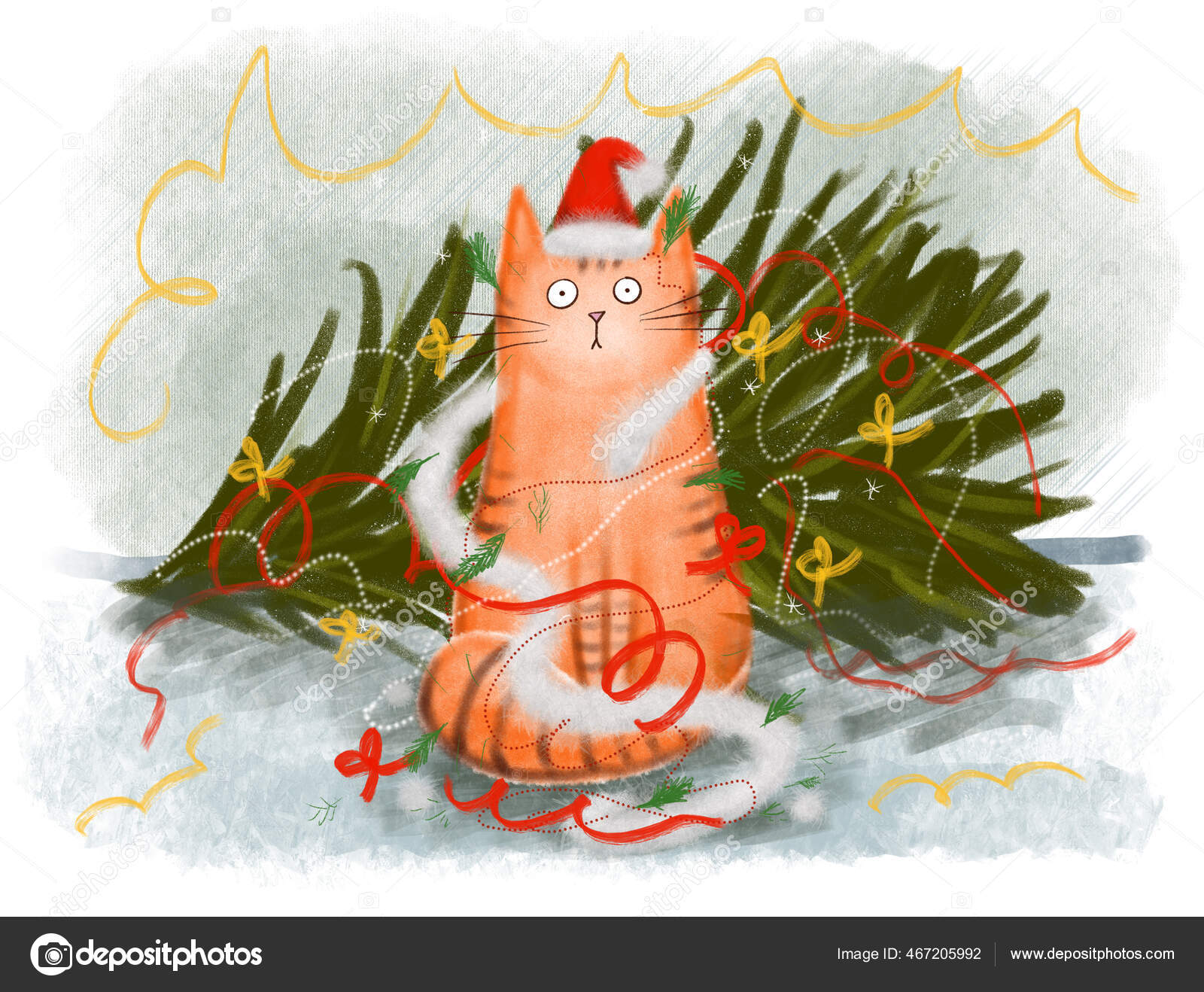 Cute Ginger Cat Christmas Tree Christmas Card Digital Hand Drawn Stock ...
