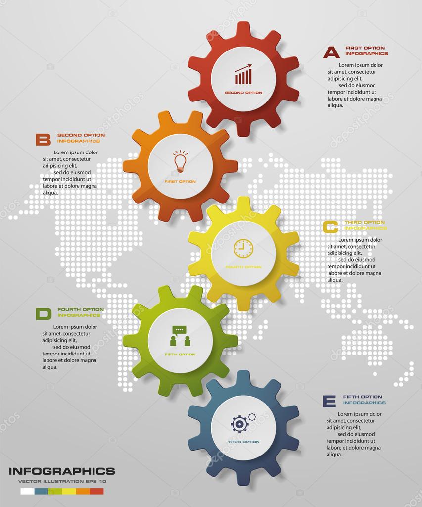 5 steps of infographics gears shape on global map background. Simple ...
