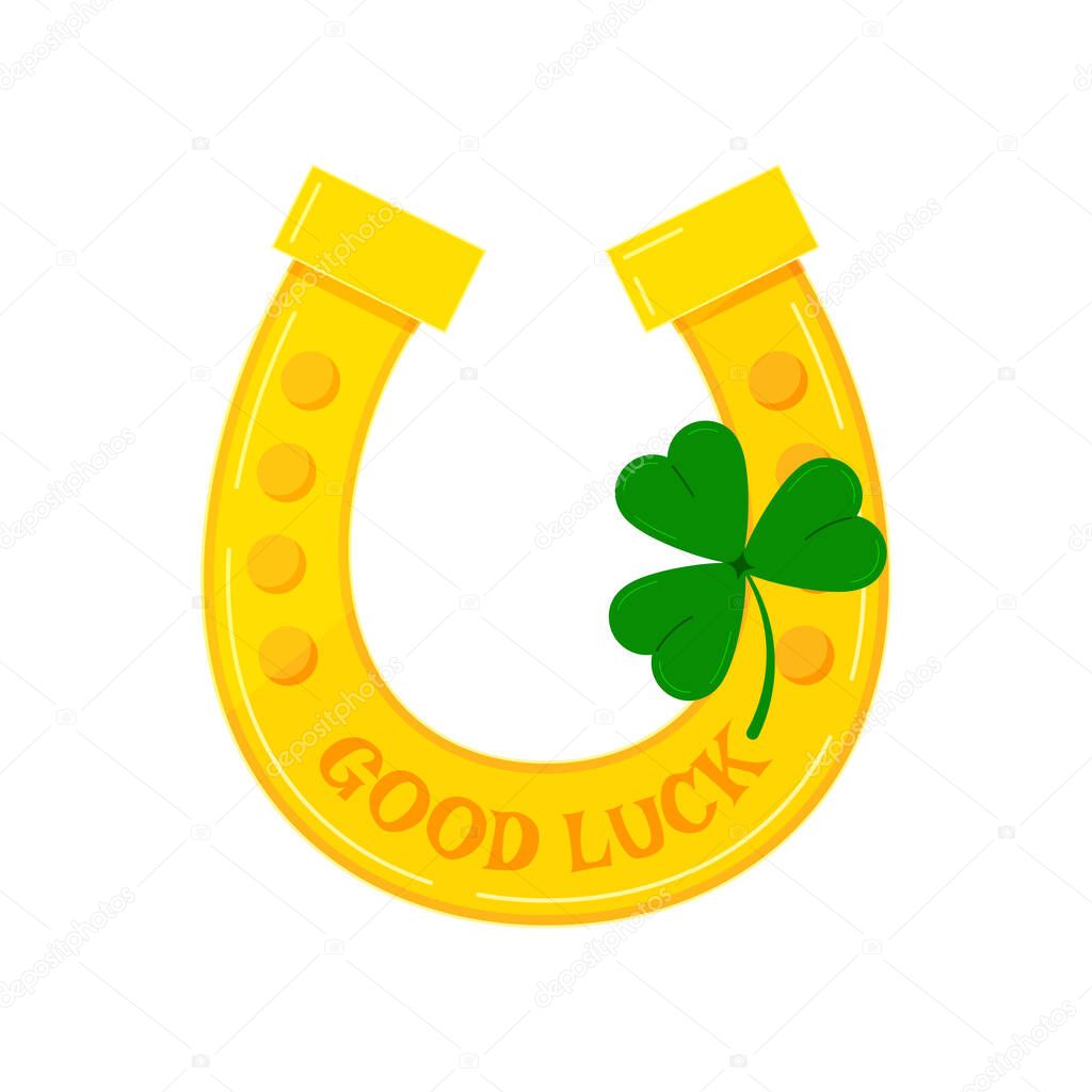 Herradura dorada con icono de trébol aislado sobre fondo blanco. 2024