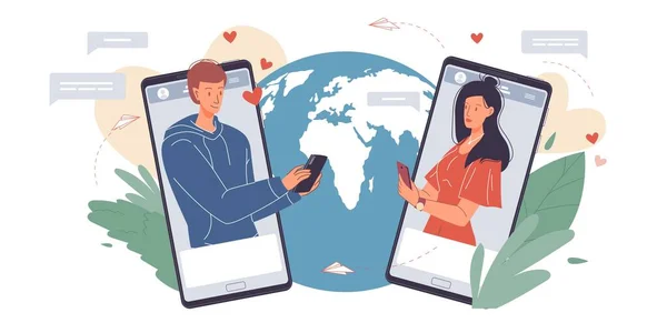 Flat cartoon characters online chat vector illustration concept Stock ...