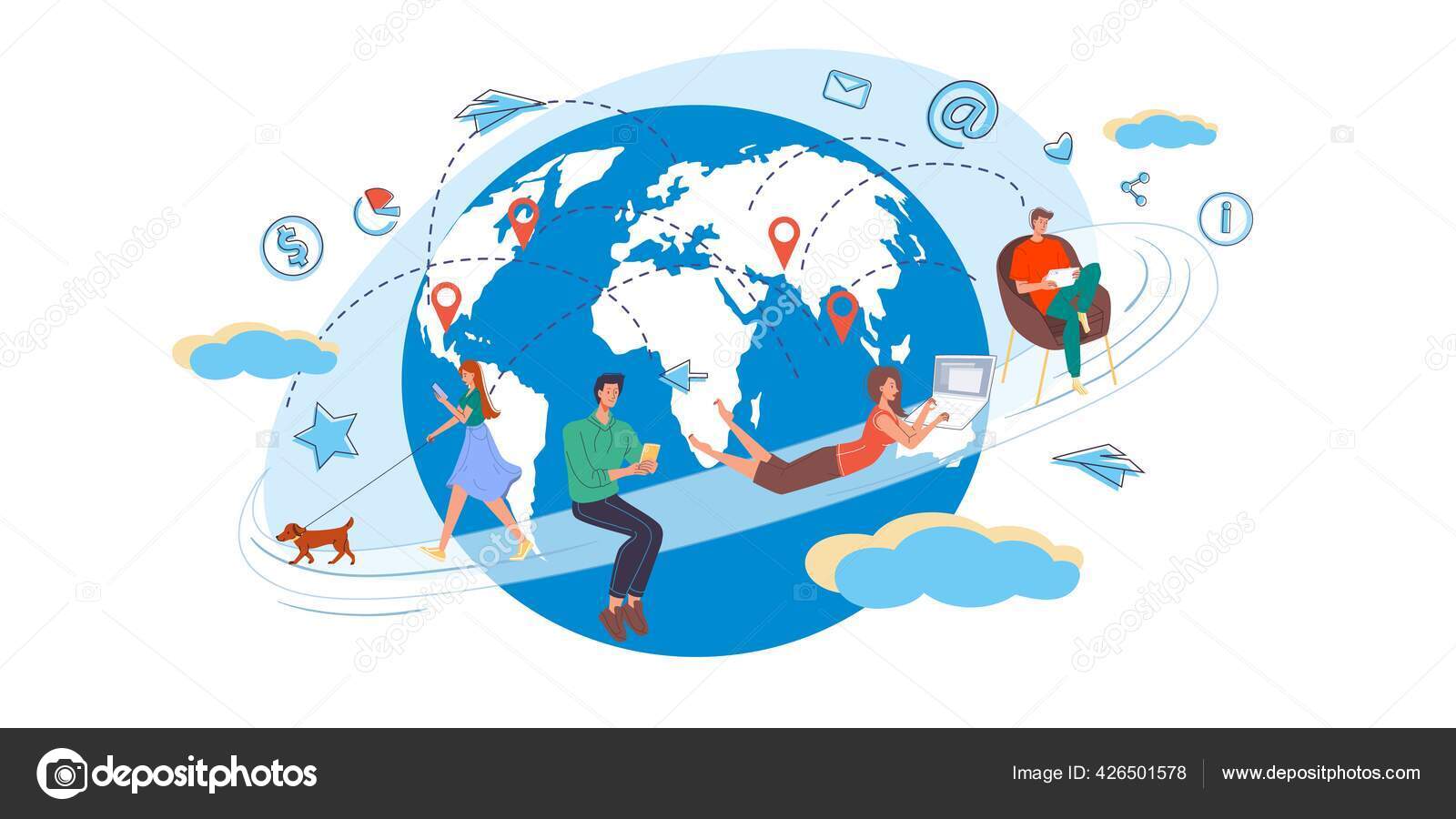 Flat cartoon characters surfing internet, vector illustration concept ...