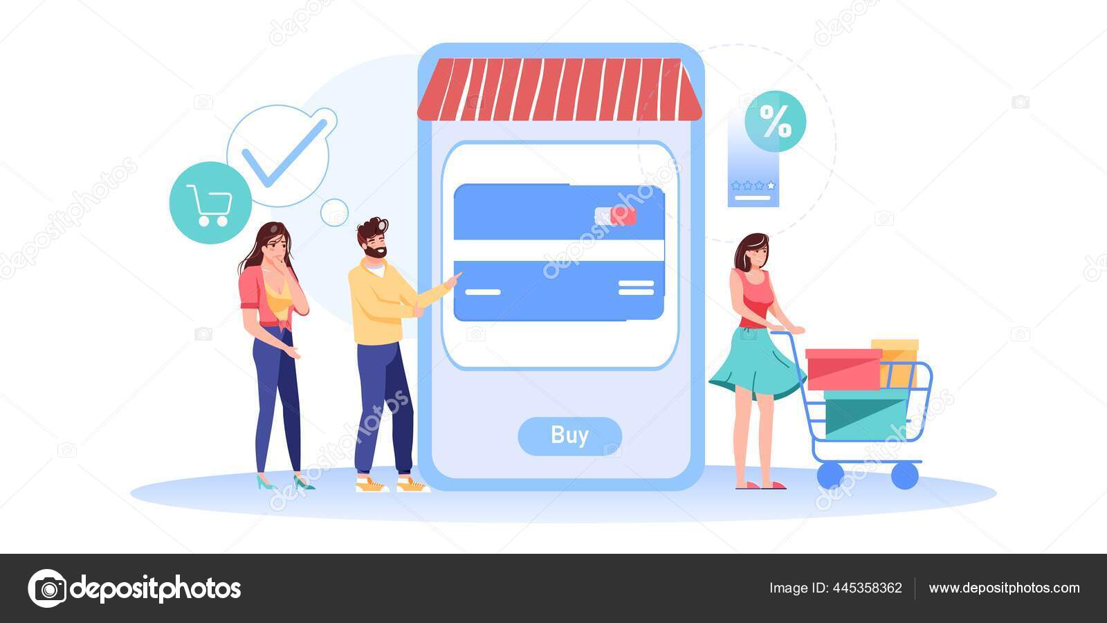 Flat cartoon characters at online shop buy goods,order delivery service ...