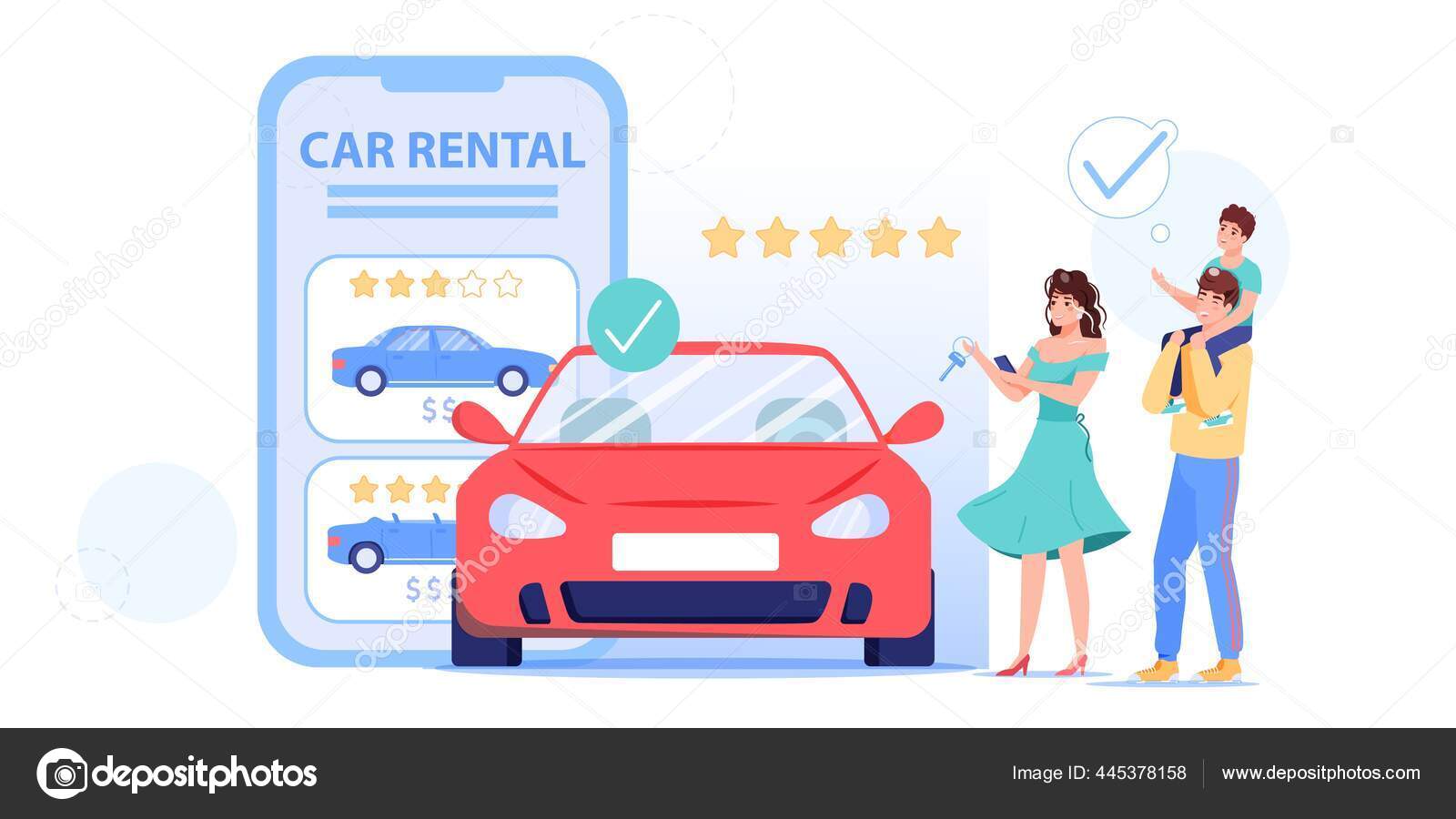 Flat cartoon family characters rent car with mobile app,vector ...