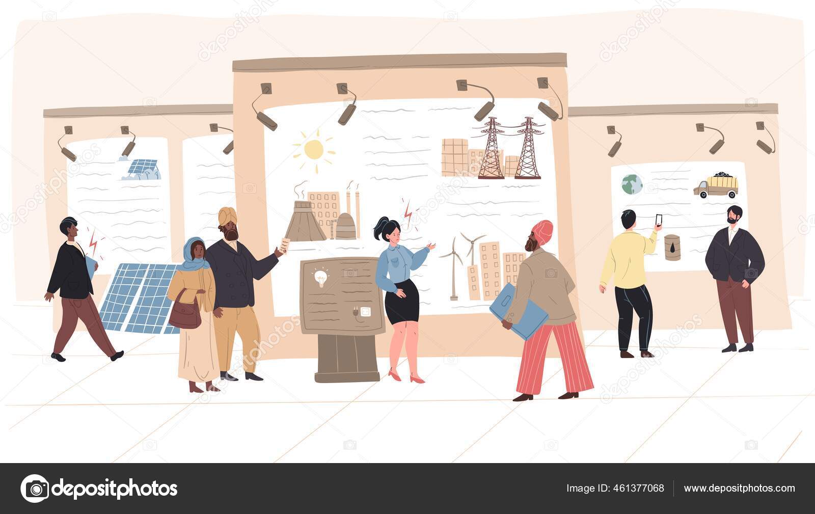 Cartoon flat visitors and workers characters at exhibition,vector ...