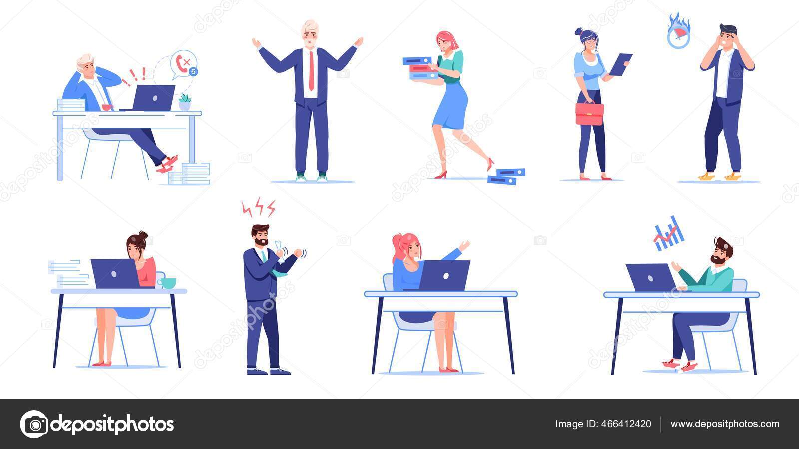 Flat cartoon office employee characters set,workflow scenes vector ...