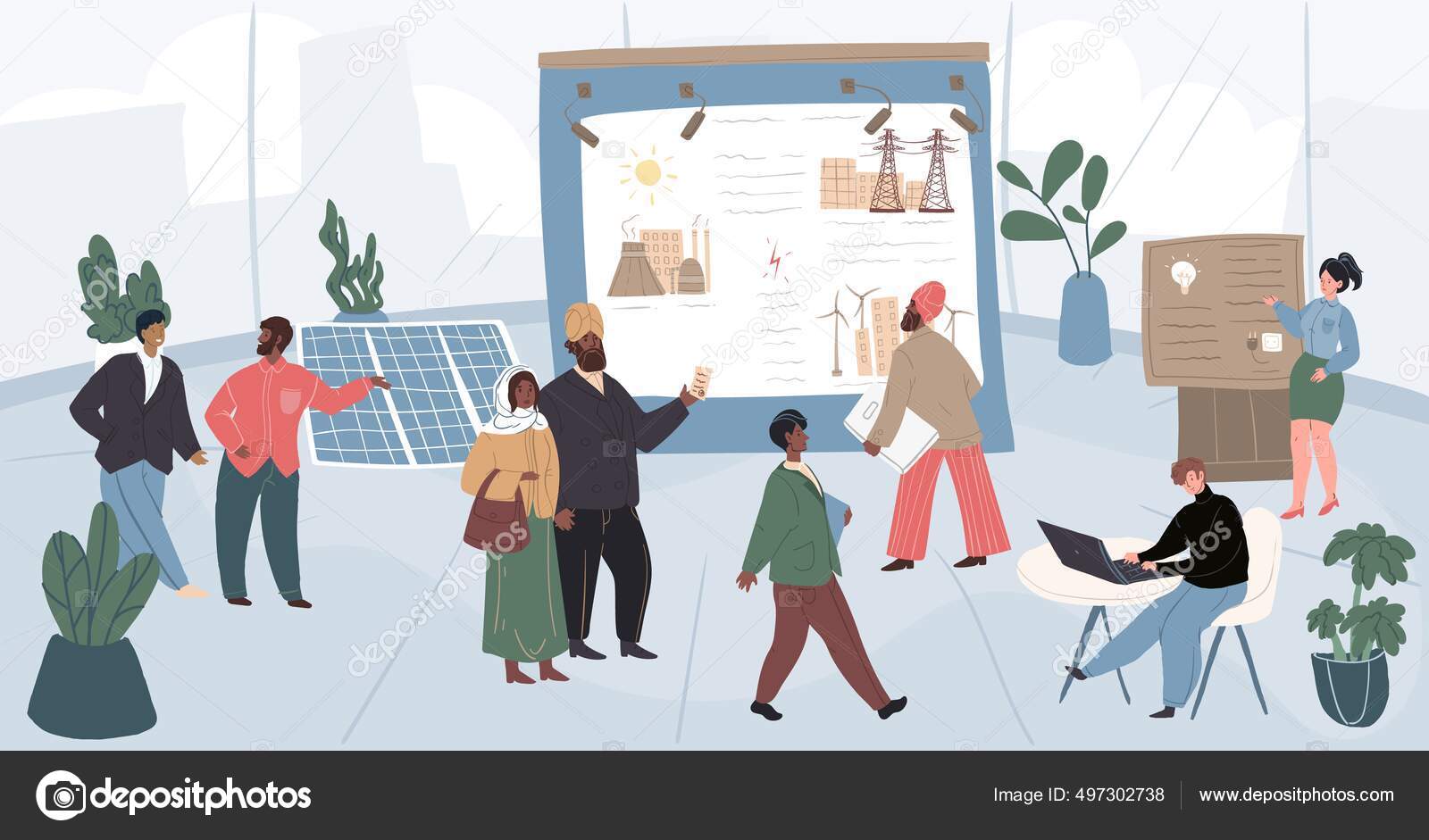 Cartoon flache Besucher und Arbeiter Charaktere in der Ausstellung ...