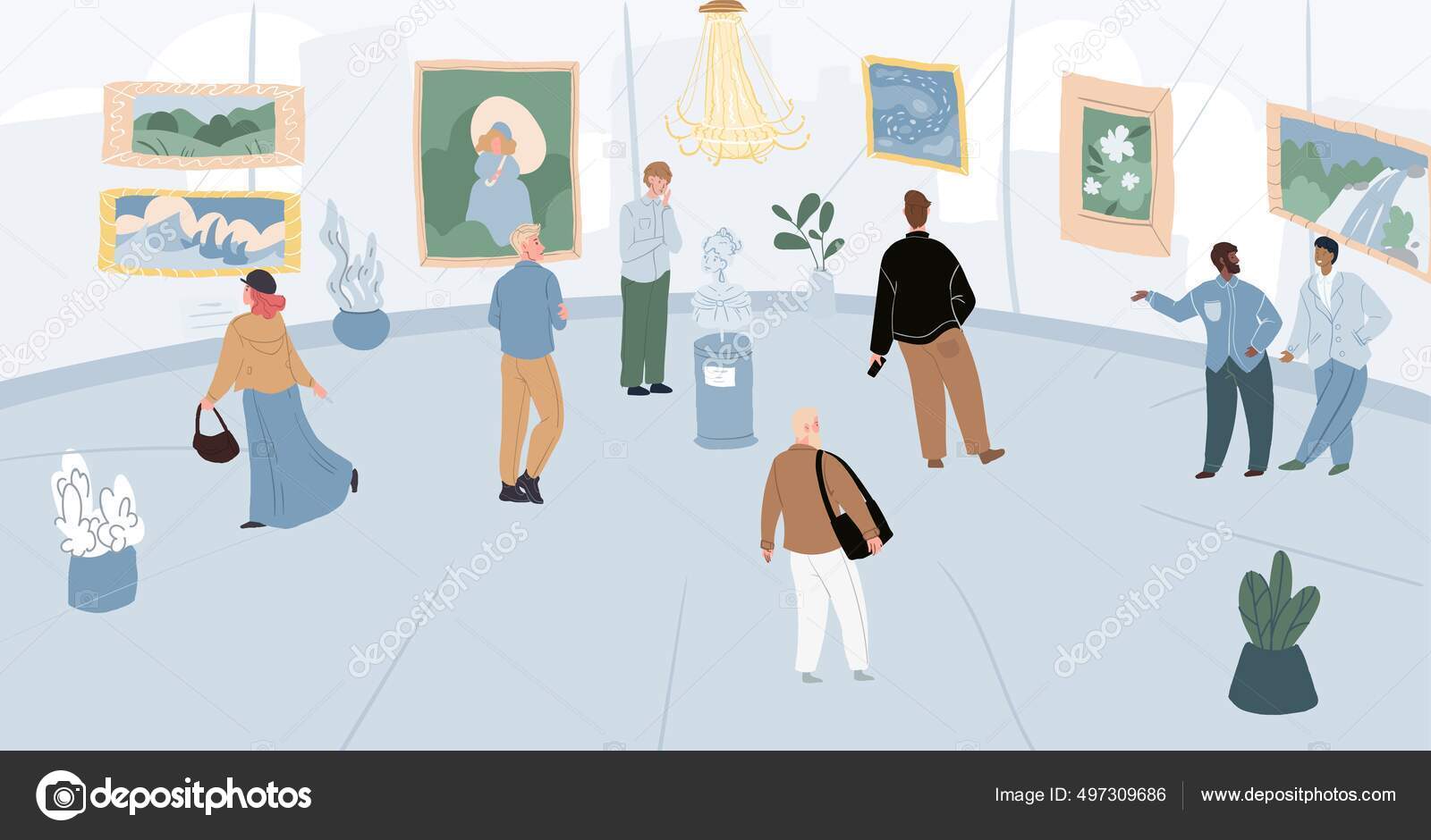 Cartoon flat characters at art gallery exhibition,vector illustration ...
